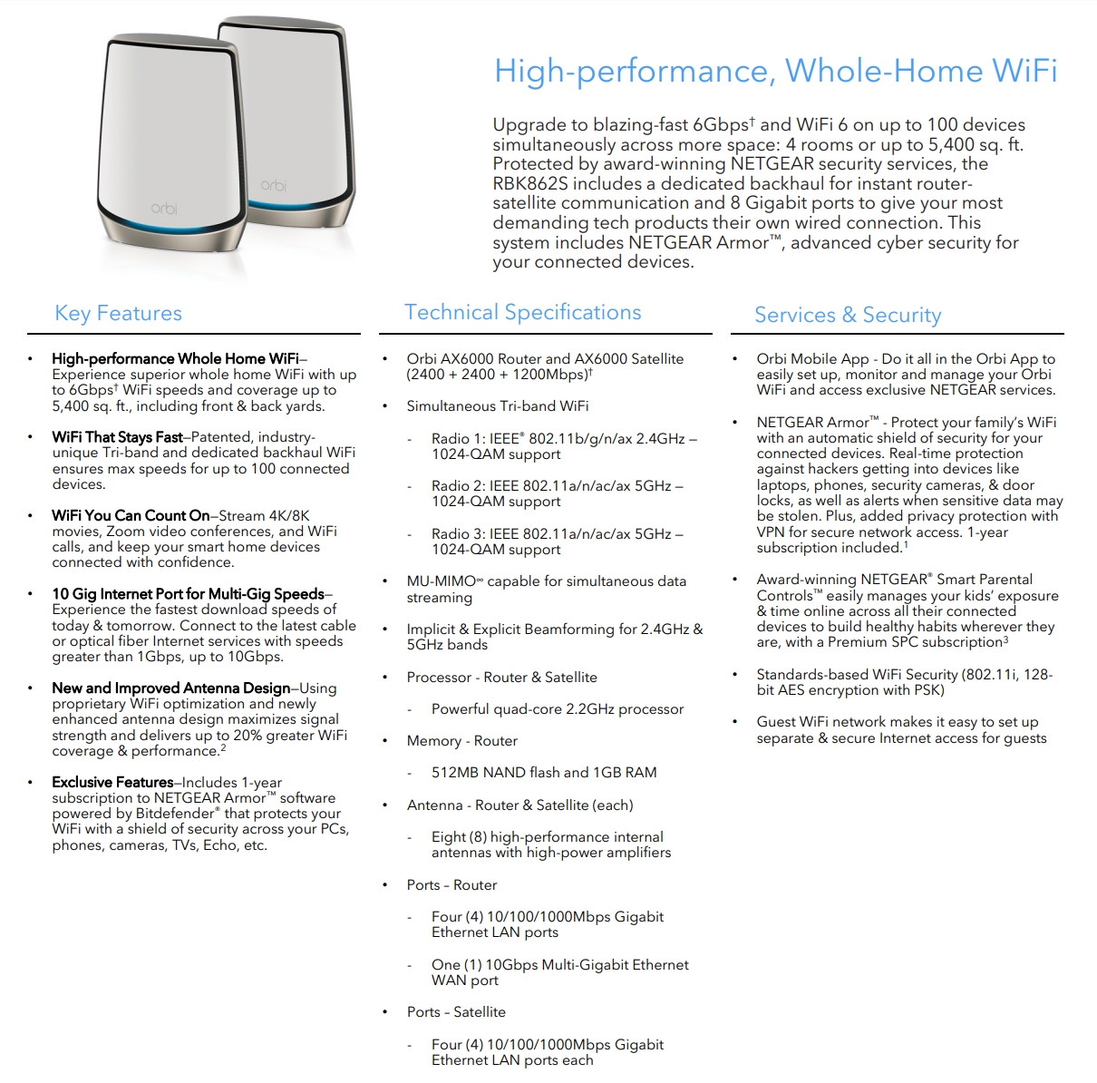 Netgear AX6000 Mesh WiFi System (RBK862S) Orbi White Series Tri-Band ...