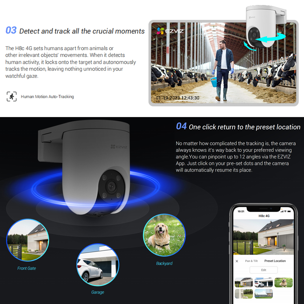 EZVIZ H8C 4G LTE 3MP 2K 1296P Waterproof Pan Tilt 360° Color Night ...
