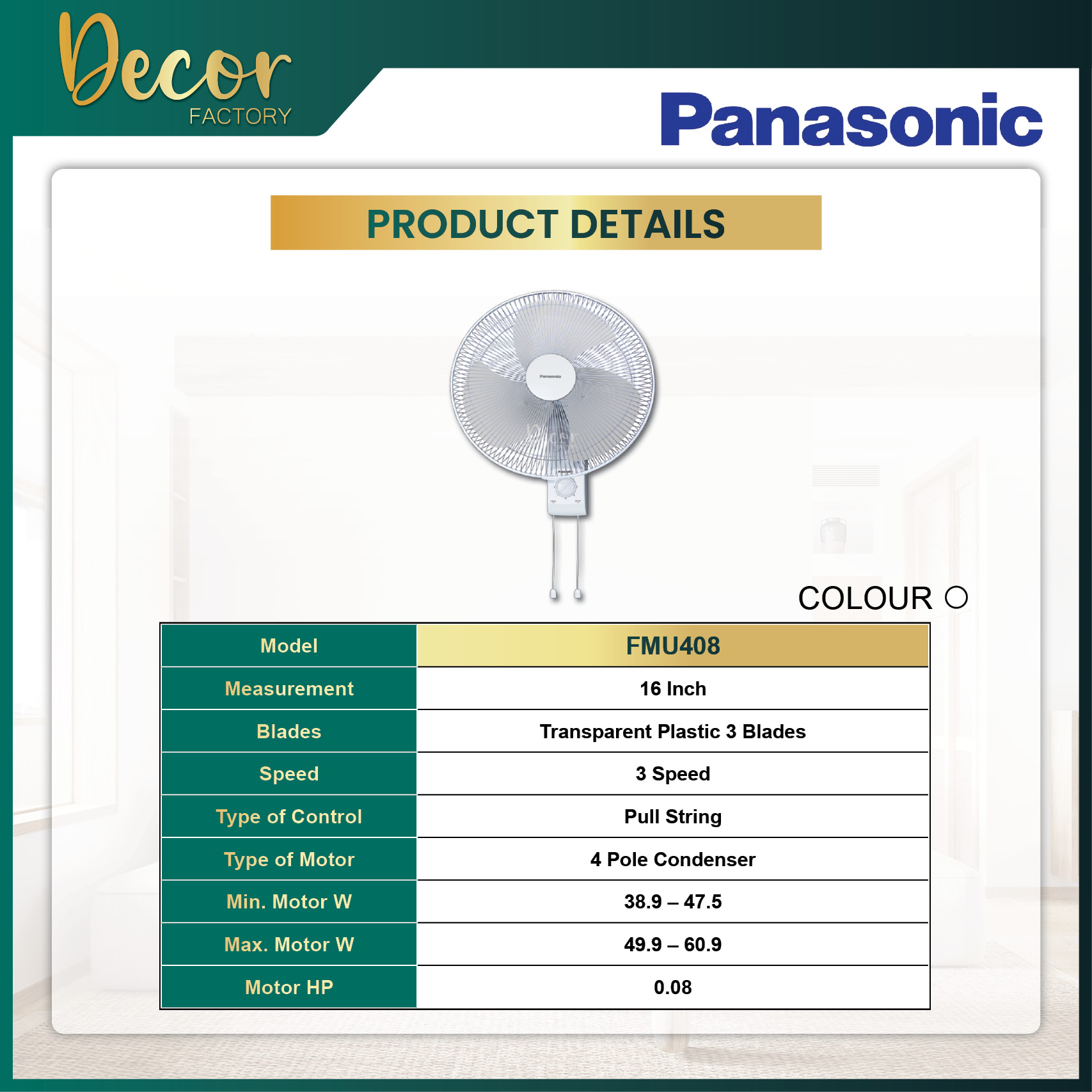 Panasonic Fan Panasonic FMU408 16" Wall Fan F-MU408 3 Blades White ...