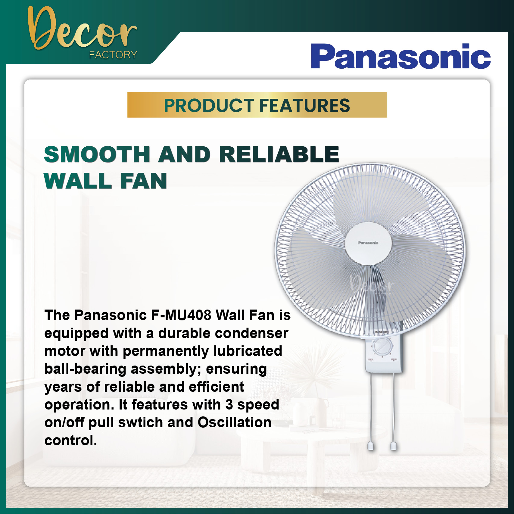 Panasonic Fan Panasonic FMU408 16" Wall Fan F-MU408 3 Blades White ...