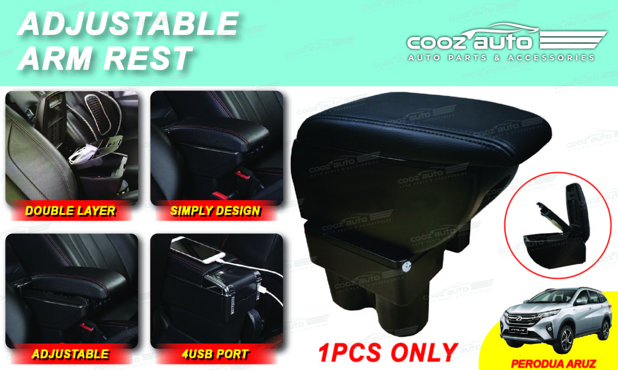 Perodua Aruz Double Layer Arm Rest Armrest 4 USB 3 USB Console Leather ...