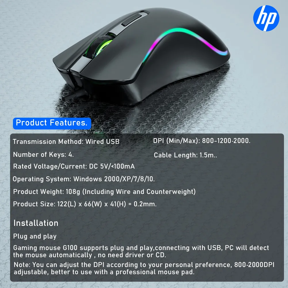 HP G100 USB WIRED OPTICAL GAMING MOUSE WITH 3 DPI ADJUSTABLE MODES, 4 ...