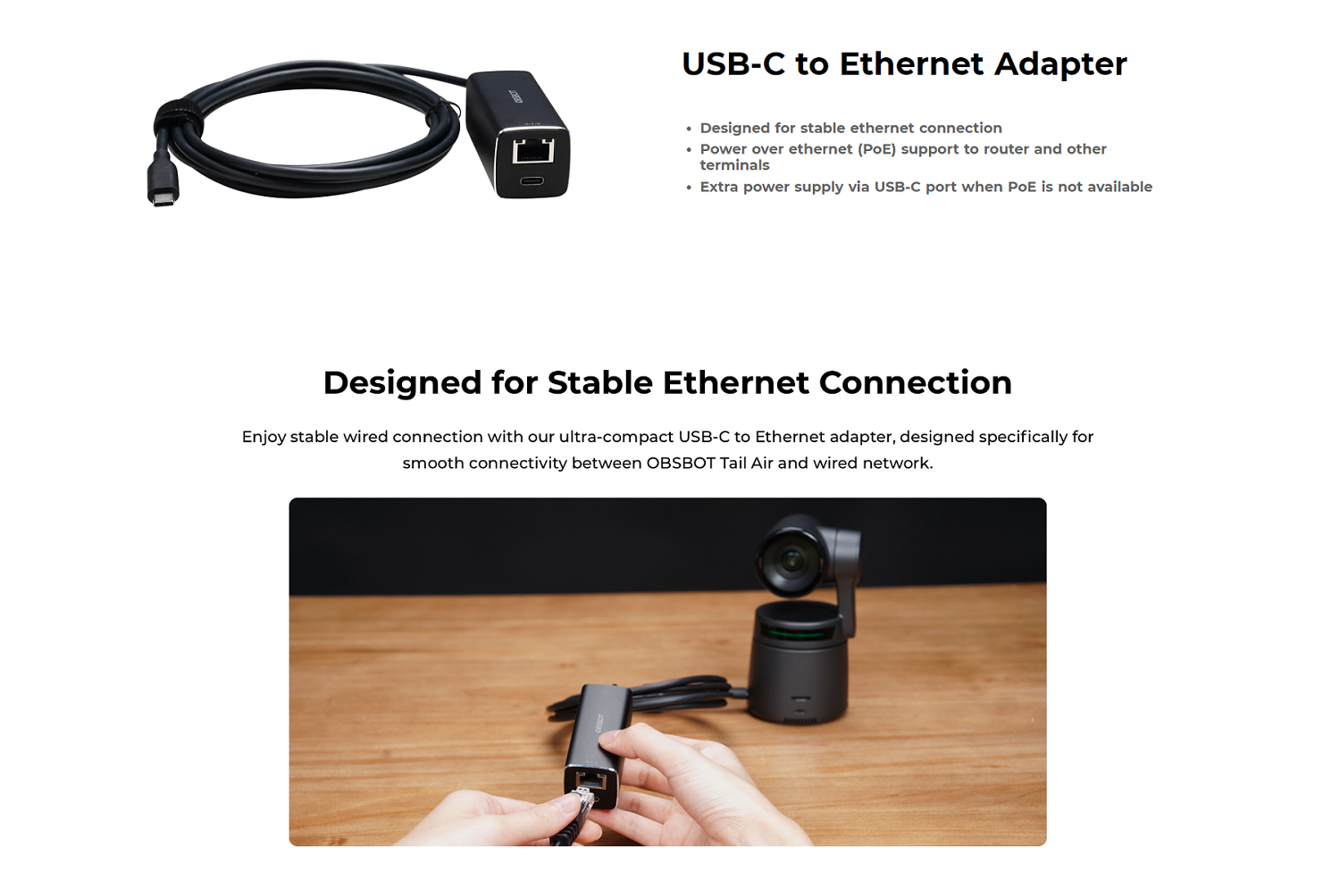 OBSBOT USB-C TO ETHERNET ADAPTER CABLE FOR STABLE LIVESTREAMING AND NDI ...