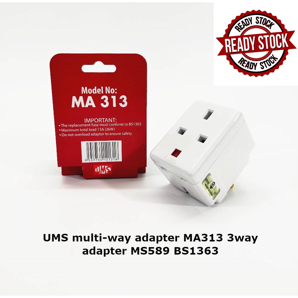 UMS 3 Way Adaptor MA313 Plug Kepala Tiga Extension Plug Tiga Cabang Extantion Socket | Shopee ...