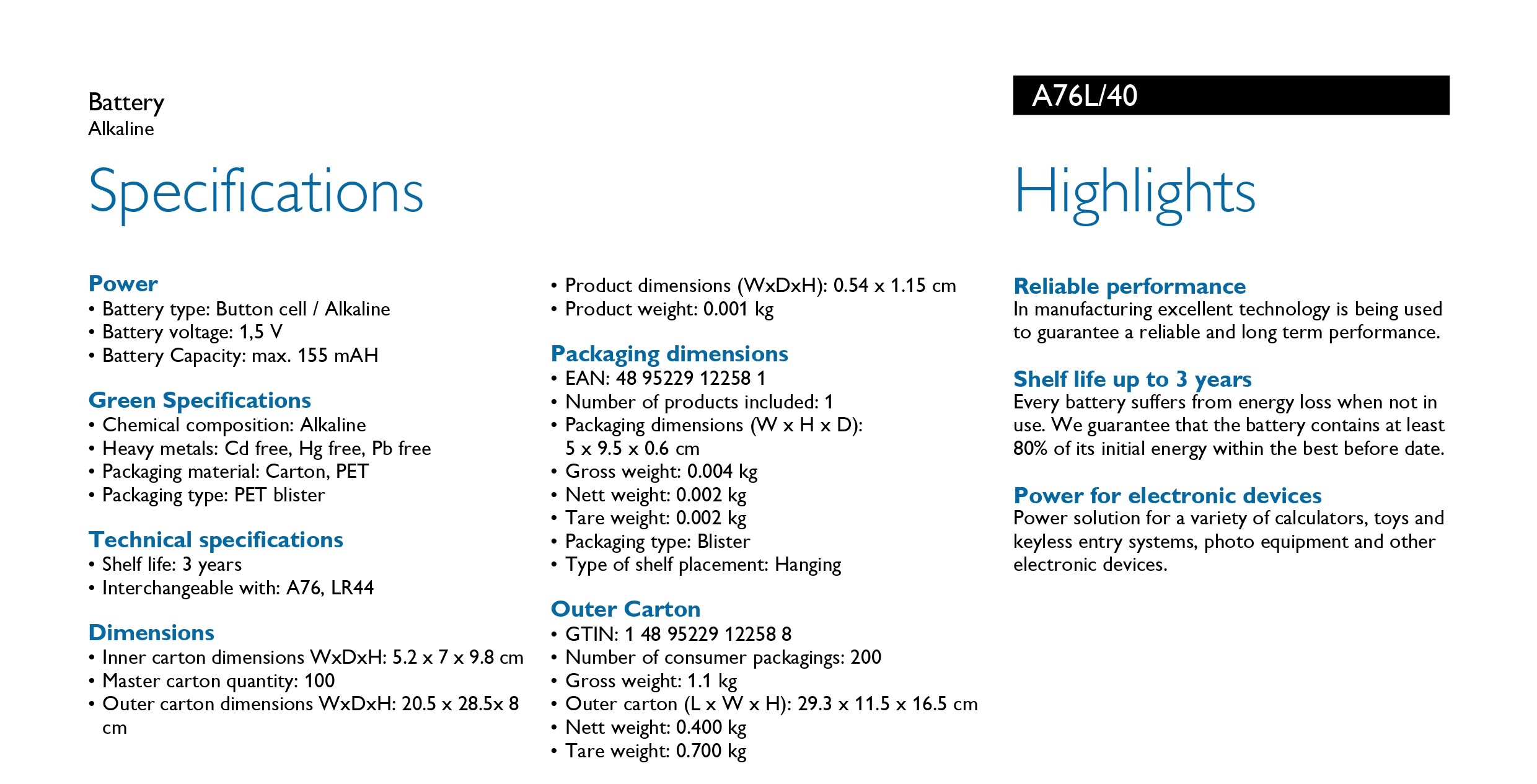 PHILIPS A76 LR44 Battery with 1.5V, Alkaline & Long lasting Performance ...