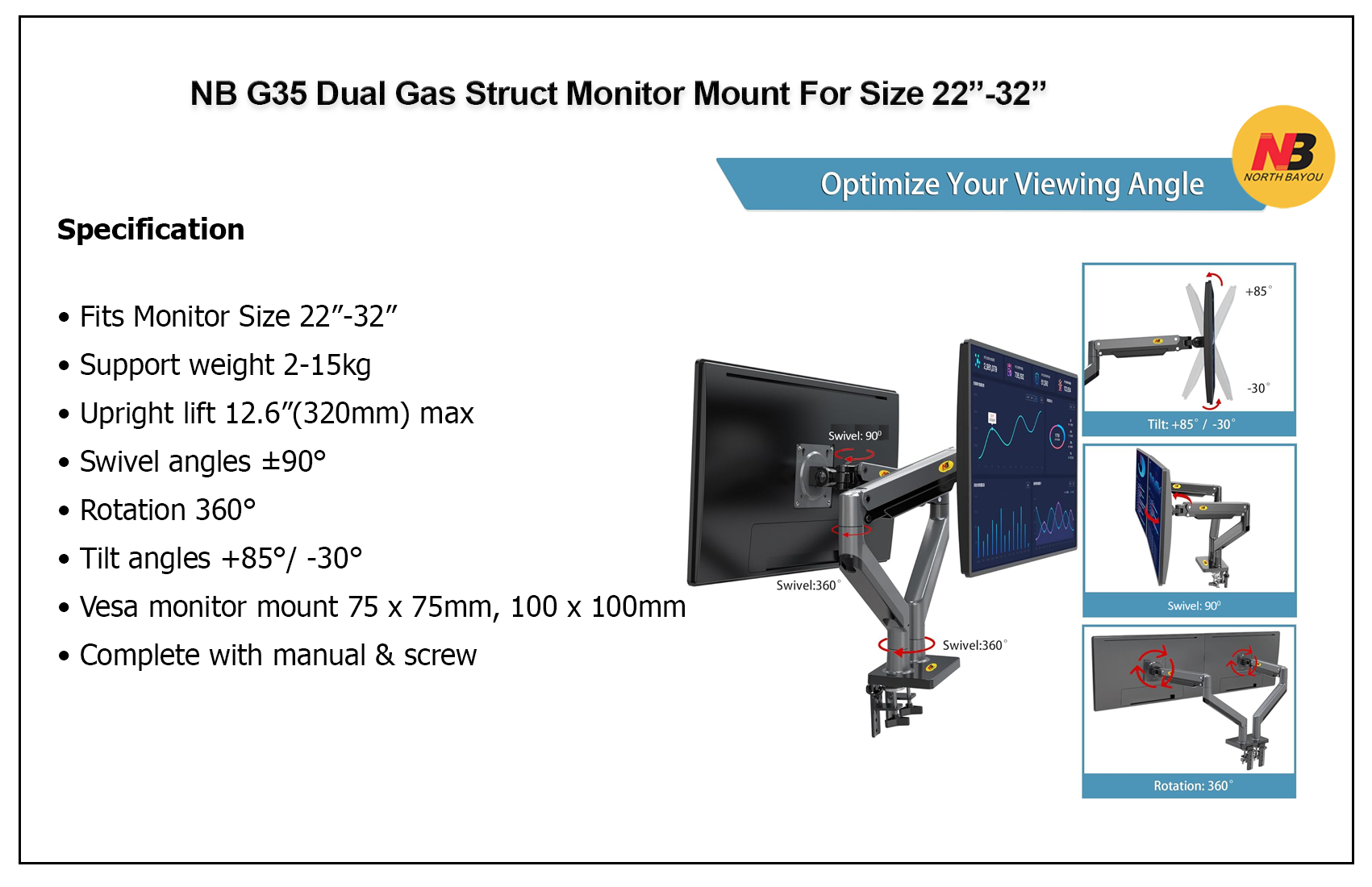 NB G35 Gas Strut Dual Monitor Mount for Size 22"-32" | Shopee Malaysia