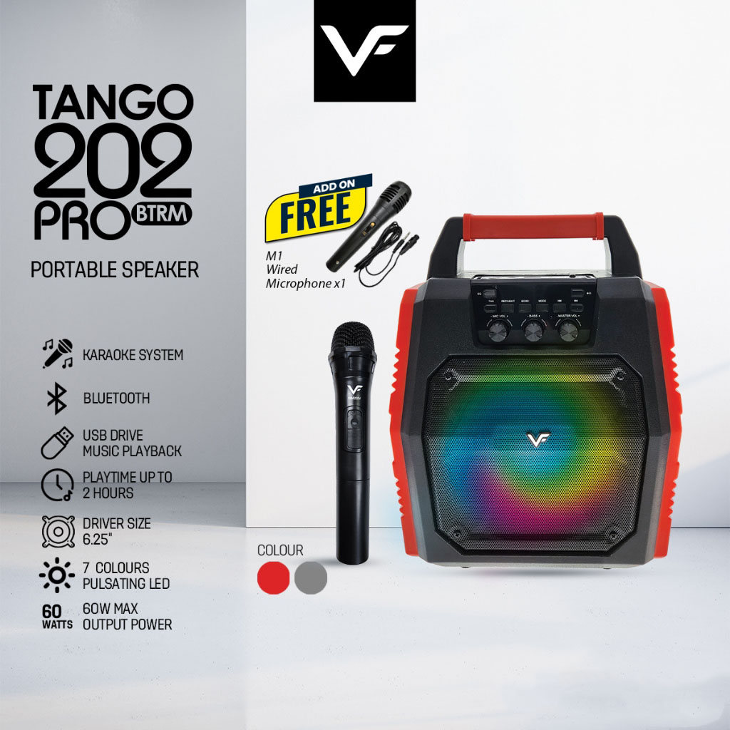 VINNFIER Tango 202 PRO BTRM LOUD SPEAKER BLUETOOTH TF USB 60W WITH MIC - GREY / RED | Shopee ...