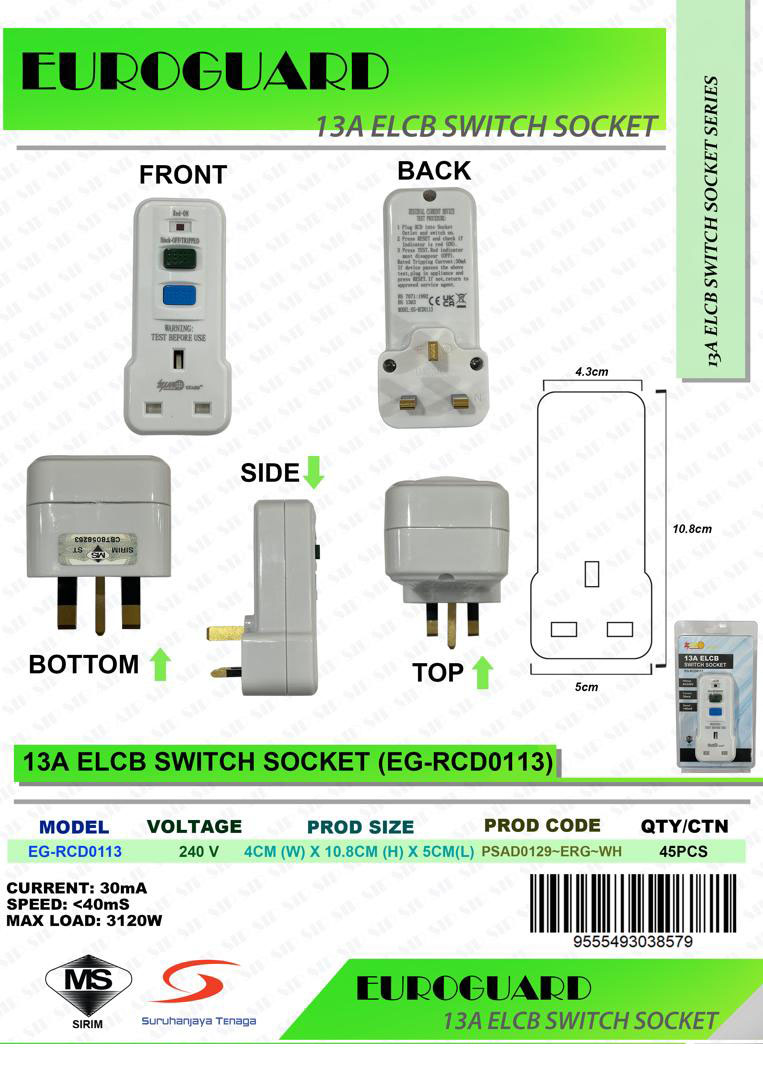 Euroguard Penguji Soket ELCB RCCB 13A RCCB Socket Tester Perlindungan ...