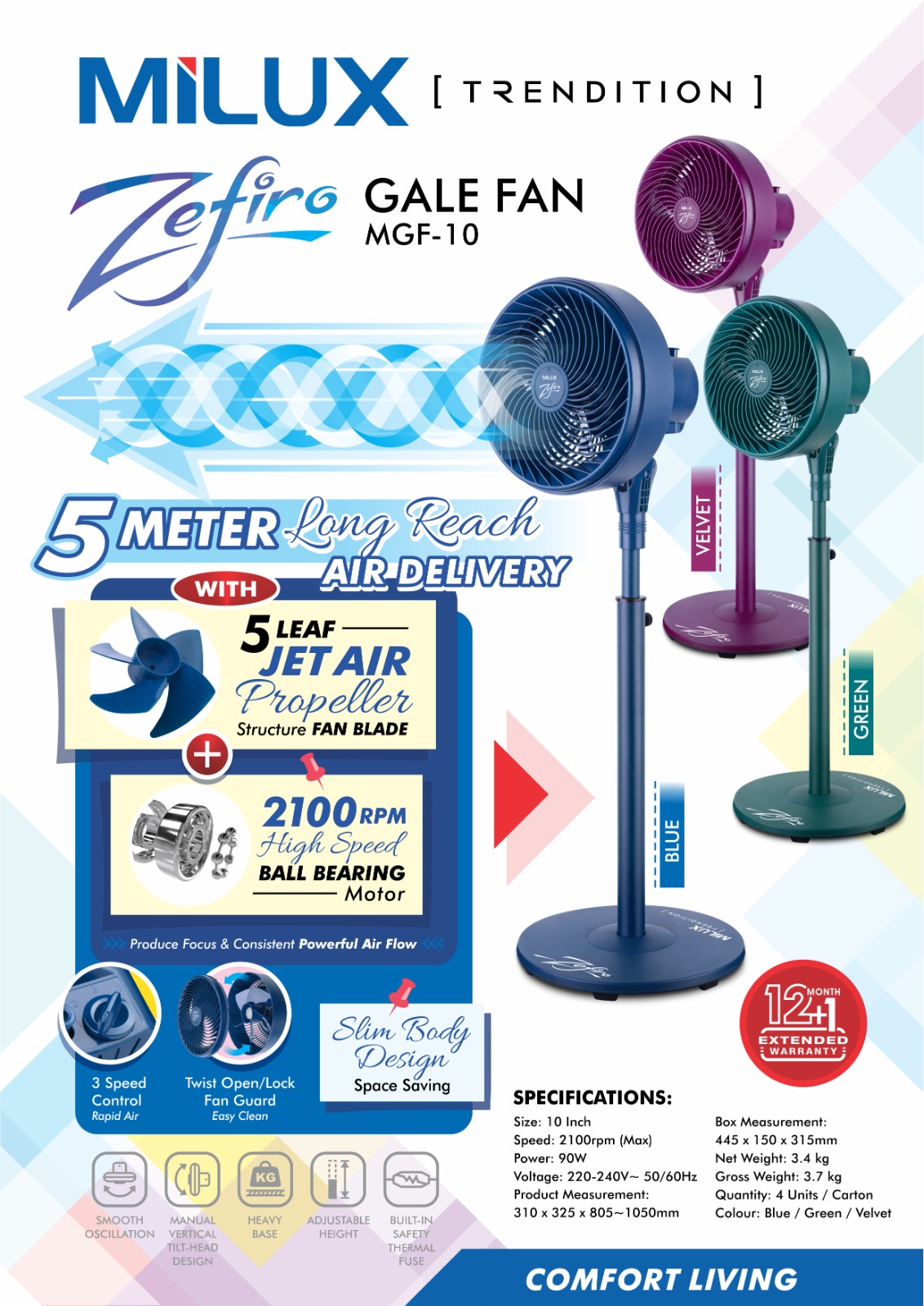 MILUX 10" Zefiro Gale Fan MGF10 JET AIR FAN Stand Fan Desk Fan Kipas ...