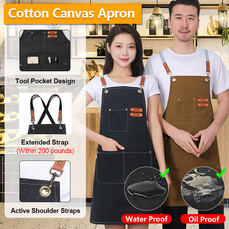 Thickened Canvas Apron Kitchen Halter Neck Apron Water Proof Oil Proof ...