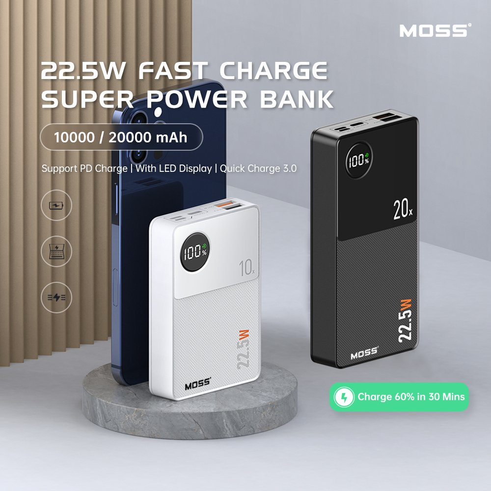 MOSS Super Powerbank 3 In/Output Fast Charging QC3.0 Support 20W PD USB-C Port | SuperCharge 22 ...