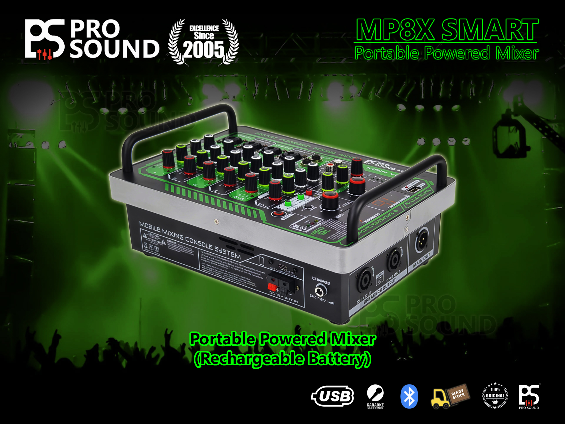 PS Pro Sound MP8X Portable Powered Mixer (Built-In Rechargeable Battery ...