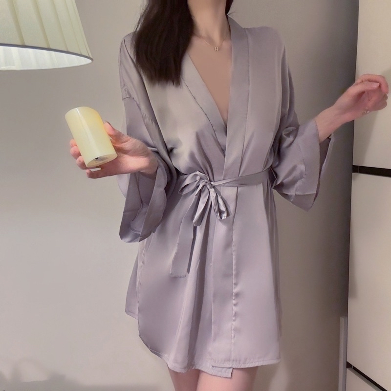 Ice Silk NightRobe Long Sleeve V Neck Nightdress Robe With Belt Women's ...