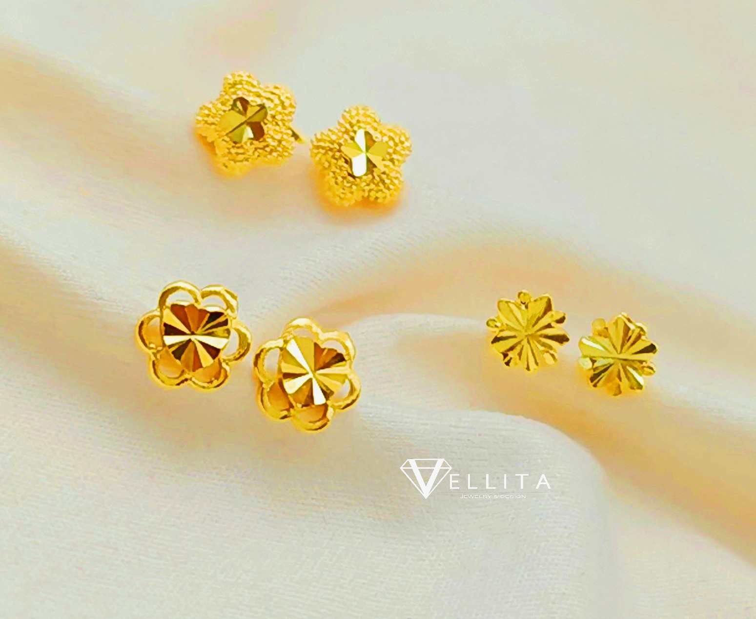 [VJ]Earring "Floral" Studs Earrings 999.9 Bangkok Gold Plated Earrings ...