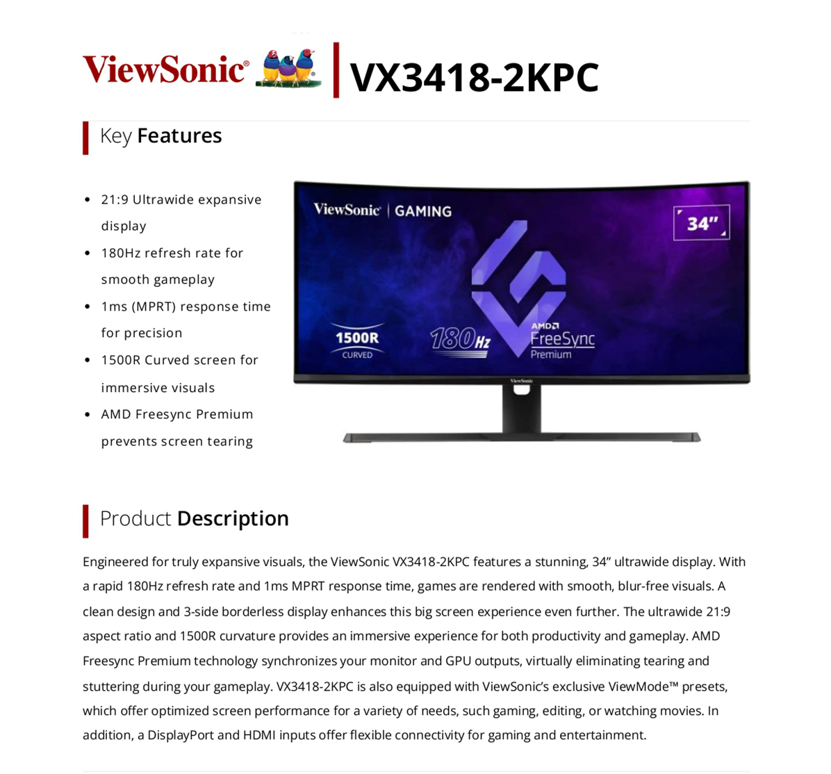VIEWSONIC VX3418-2KPC 34" CURVED GAMING MONITOR ( 34" VA UWQHD / 1MS ...