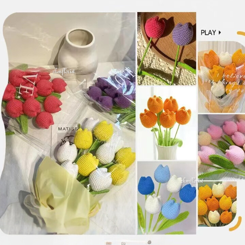 (1PC) CROCHET SULAM TULIP Flower Bunga Sulam Wool Hand Knitted Finished ...
