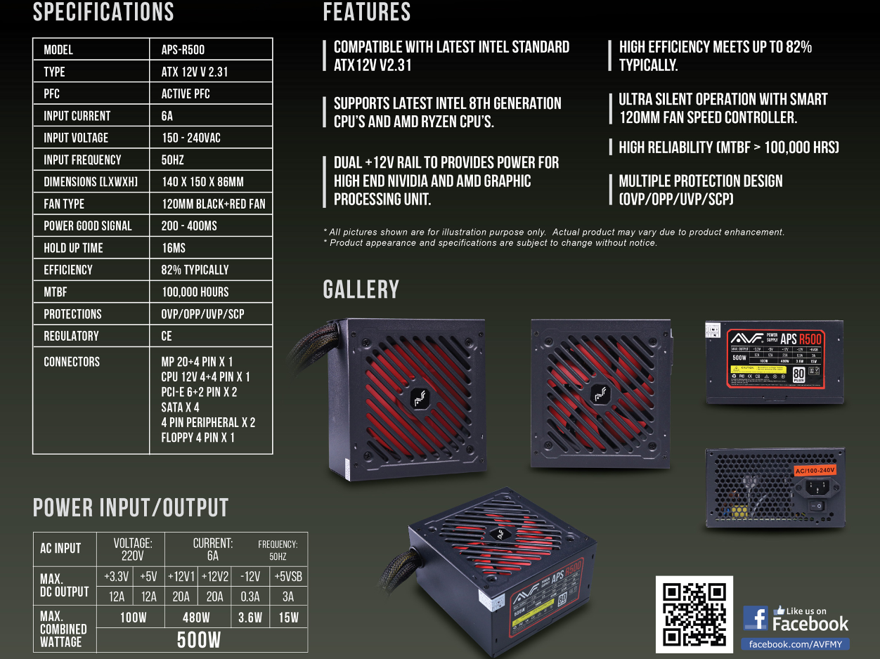 AVF Gaming Freak APS R500W 500W 80PLUS Power Supply (APS-R500) ATX for ...