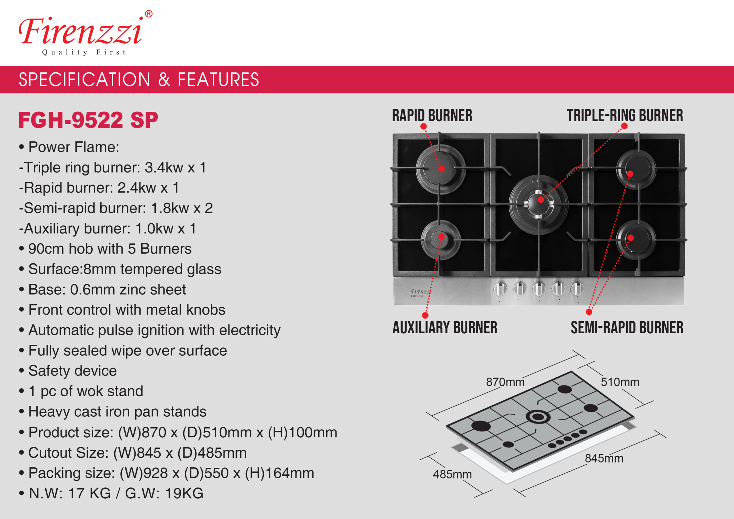 FIRENZZI 5 Burners Built In Gas Hob with Safety Device FGH-9522 SP ...