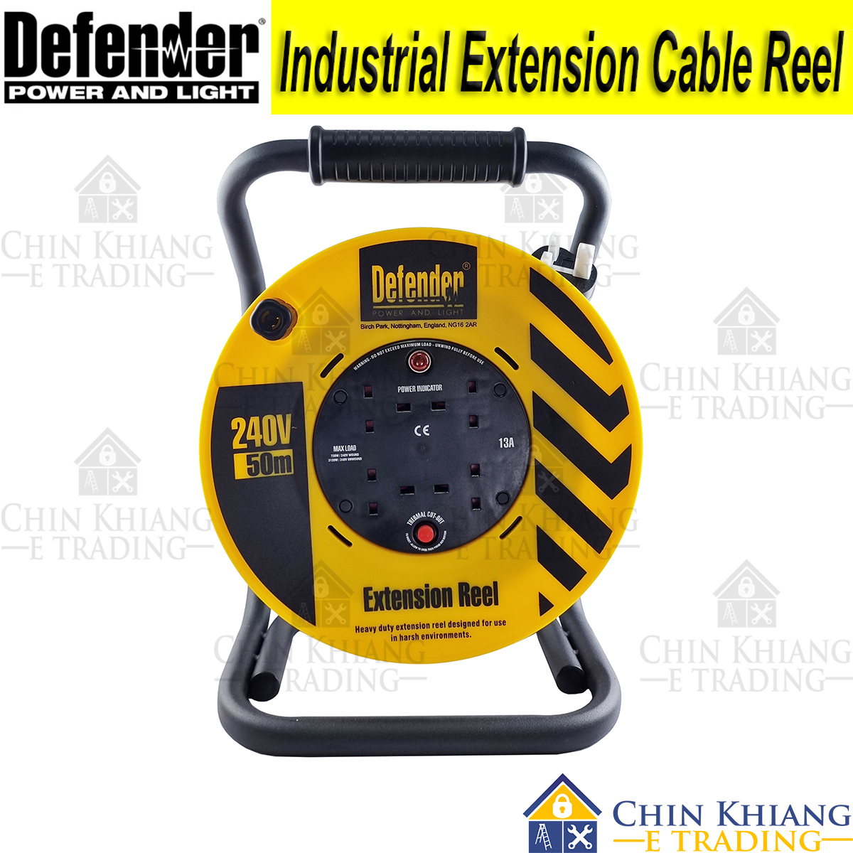 Defender 50M 4-Way Industrial Extension Wire Cable Reel 240V 13A E86582 ...