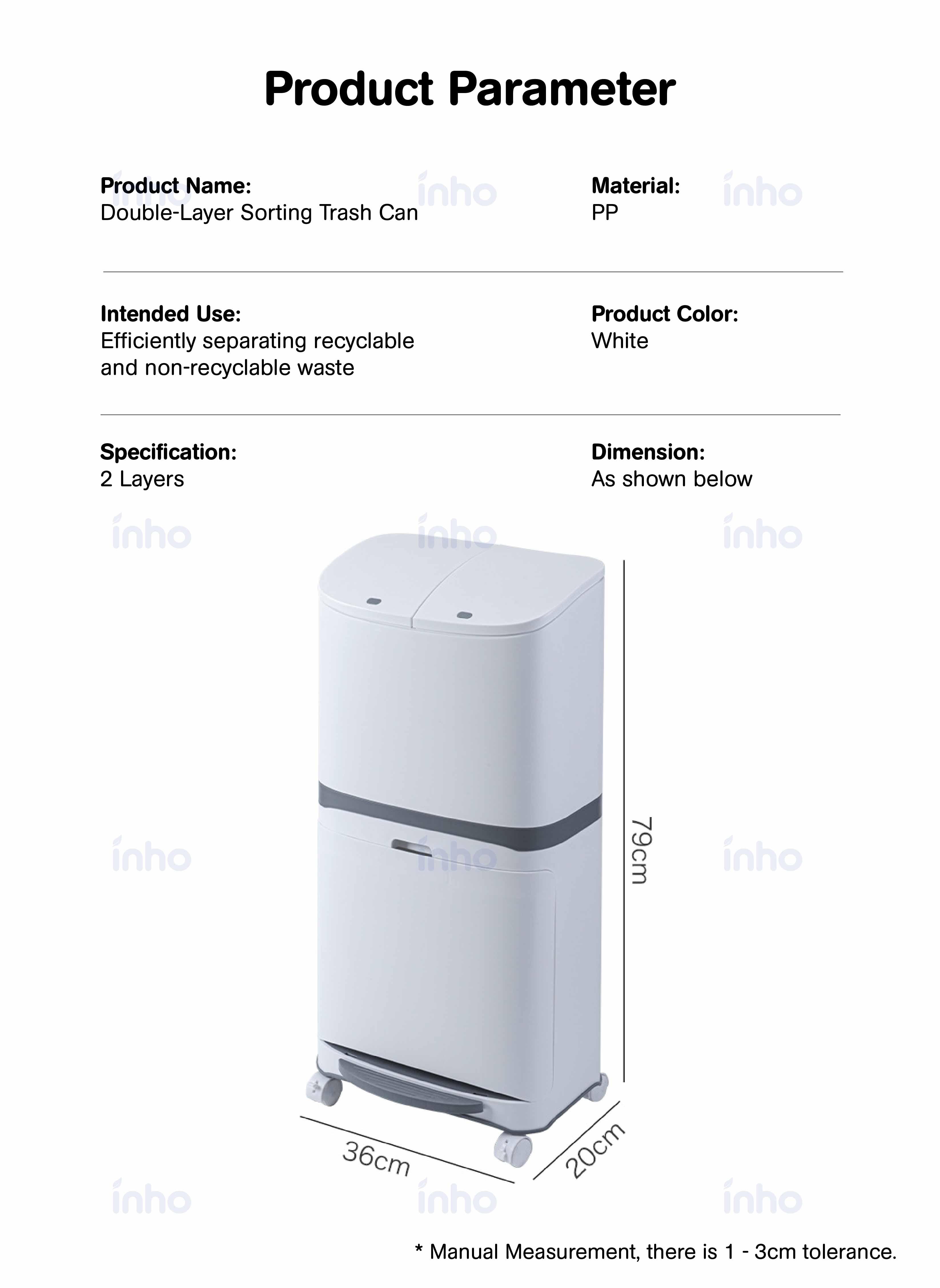 INHO 2 Tiers Movable Household Sorting Trash Can Large Garbage Storage ...