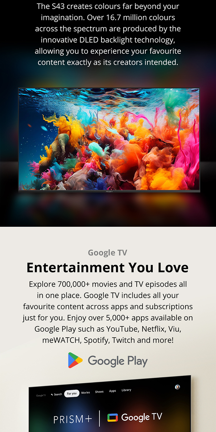 PRISM+ S43 DLED Google TV 43 inch Dolby Audio with DTS TruSurround | Shopee Malaysia