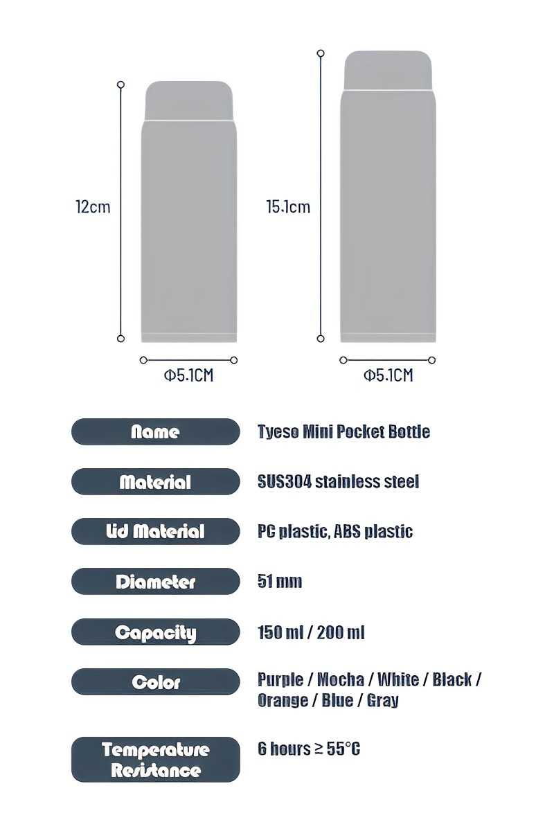 Tyeso Tumbler Mini Pocket Size Hiking Thermos Bottle 150ml/200ml 304 ...