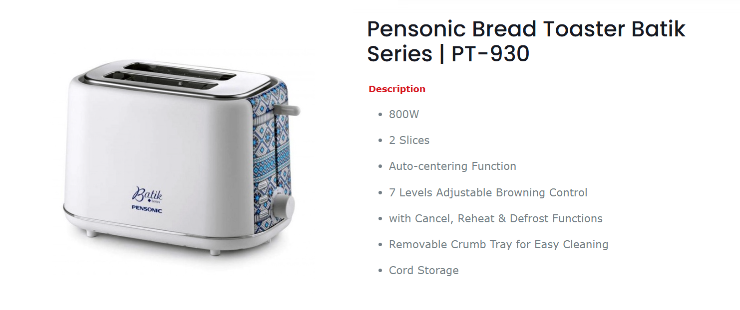 Pensonic 2 Slices Bread Toaster Batik Series Pembakar Roti Premium PT ...