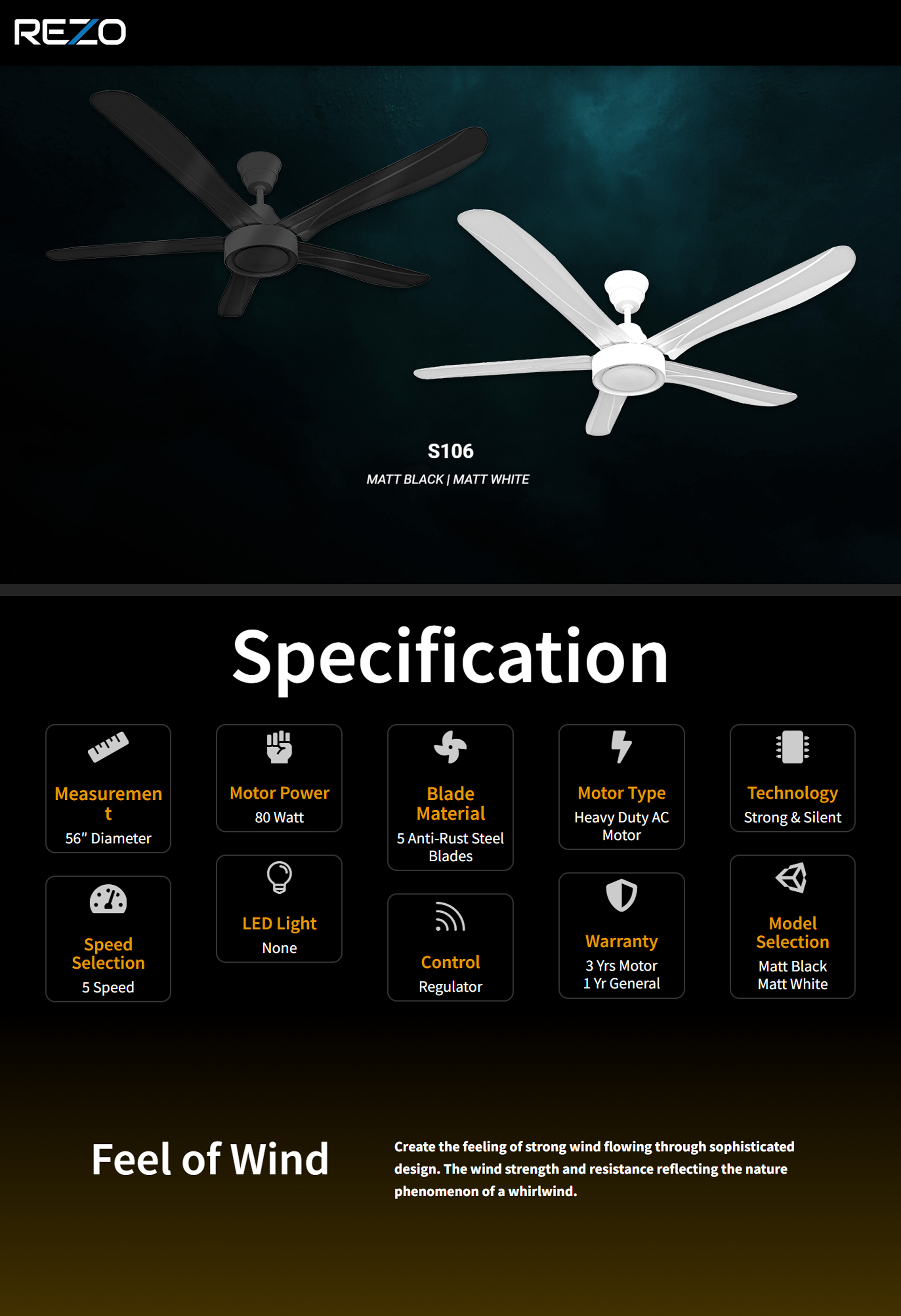 Rezo Ceiling Fan (56 Inches) AC Motor Strong & Silent Technology S106 ...