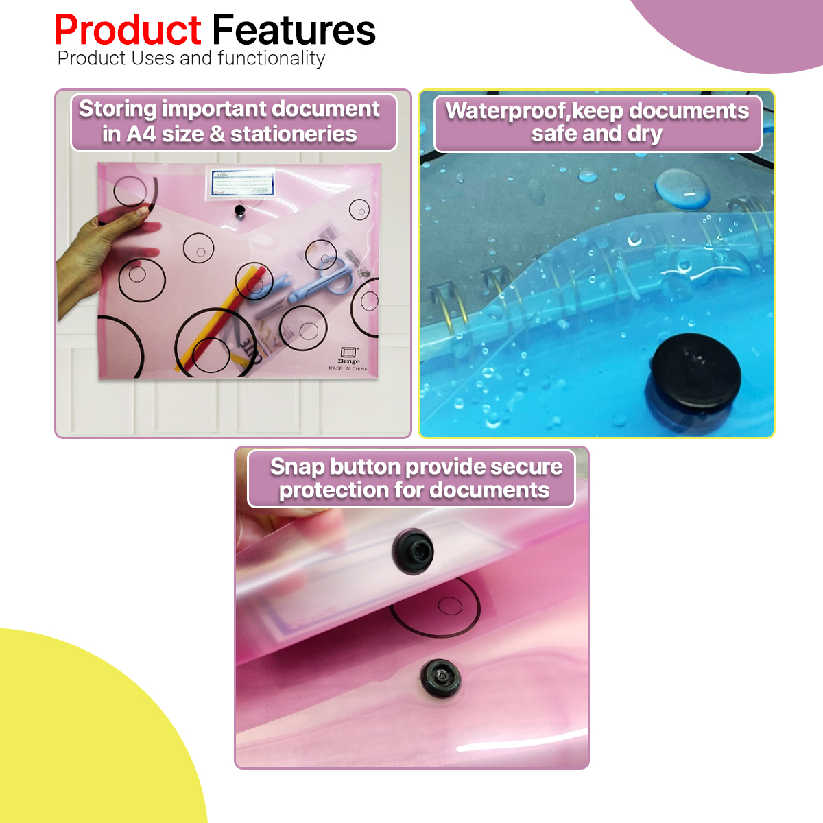 Benge A4 Transparent Snap Button File Document Filling Folder (1/Pcs ...