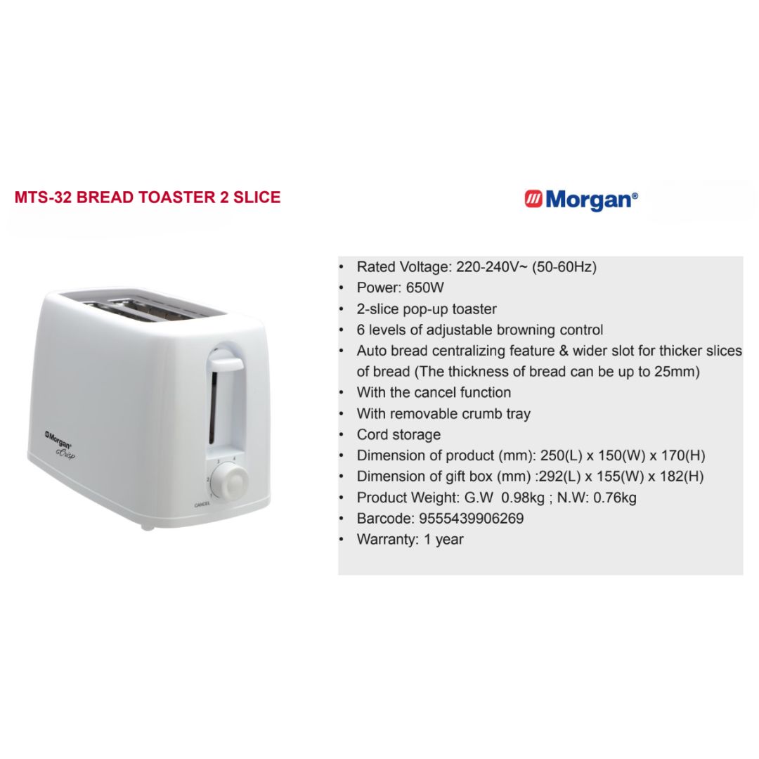Morgan 650W 2 Slices Toaster MTS-32 | Shopee Malaysia