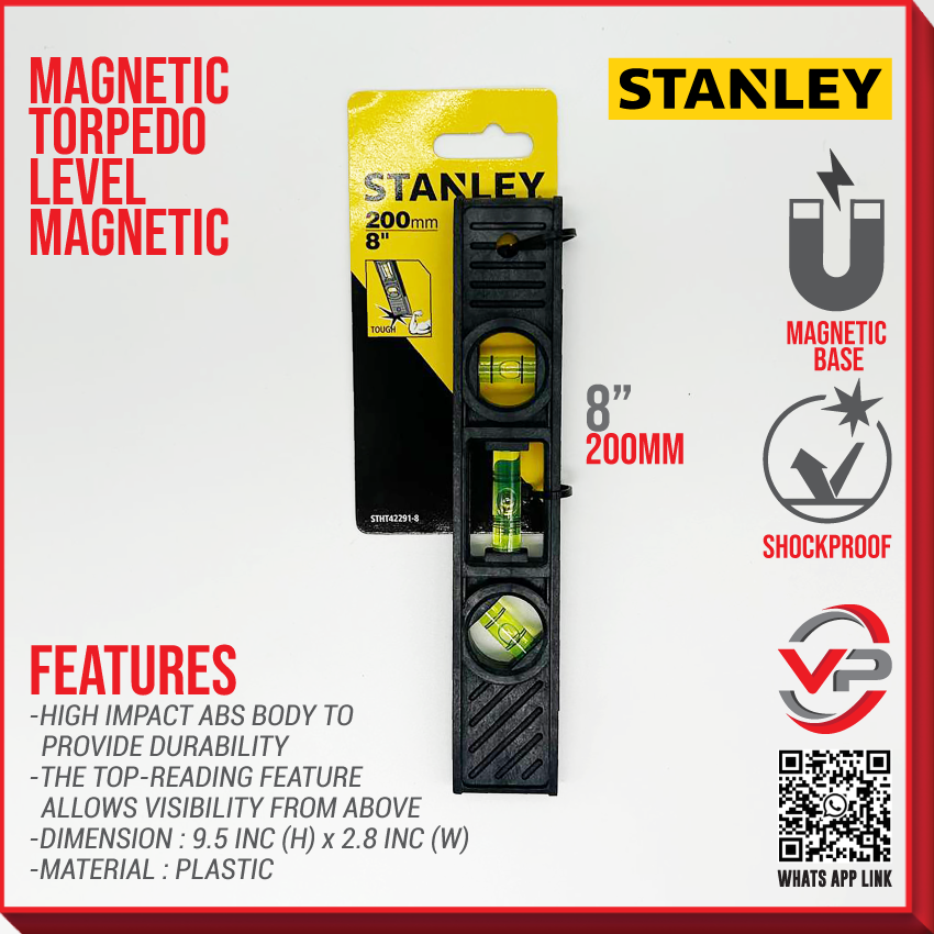 STANLEY STHT42291 MAGNETIC TORPEDO WATER LEVEL 8"/200MM RULER TIMBANG ...