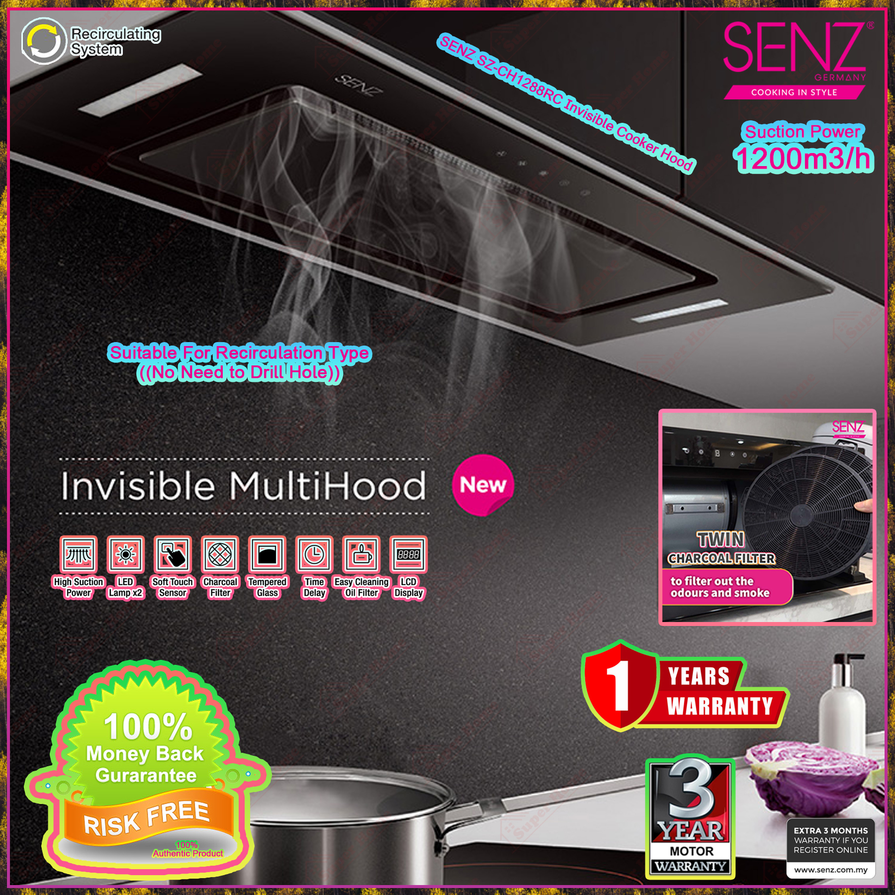 SENZ Invisible MultiHood SZ-CH1288RC-B Modern Cooker Hood (Exhaust ...
