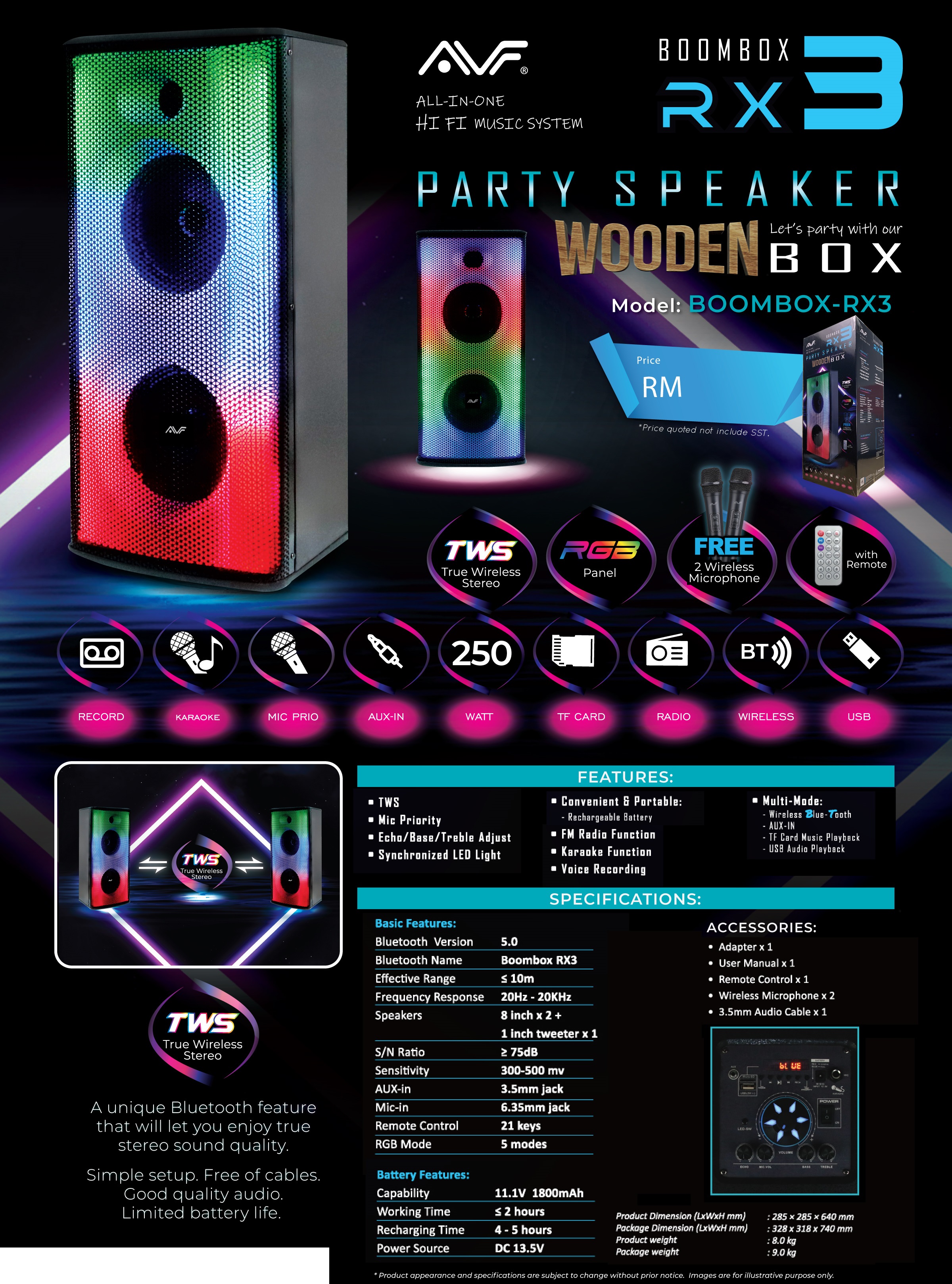 AVF BOOMBOX-RX3 PARTY SPEAKER WOODEN BOX Suitable for karaoke, indoor ...