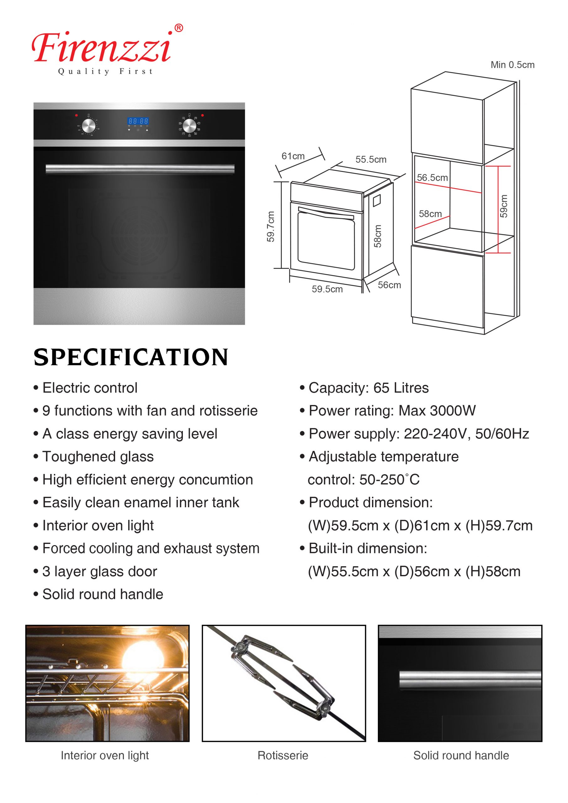 Firenzzi 72L / 65L Built-In Oven FBO-7268 FBO-6068 with Sensor Touch ...