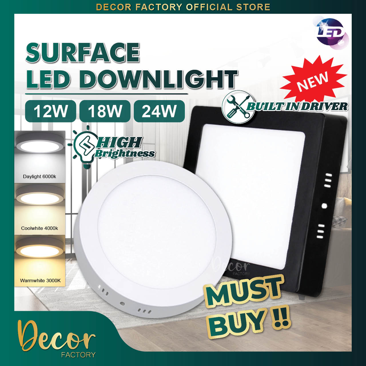 2 Years Warranty Led Surface Downlight 12w 18w 24w Ceiling Light 1697
