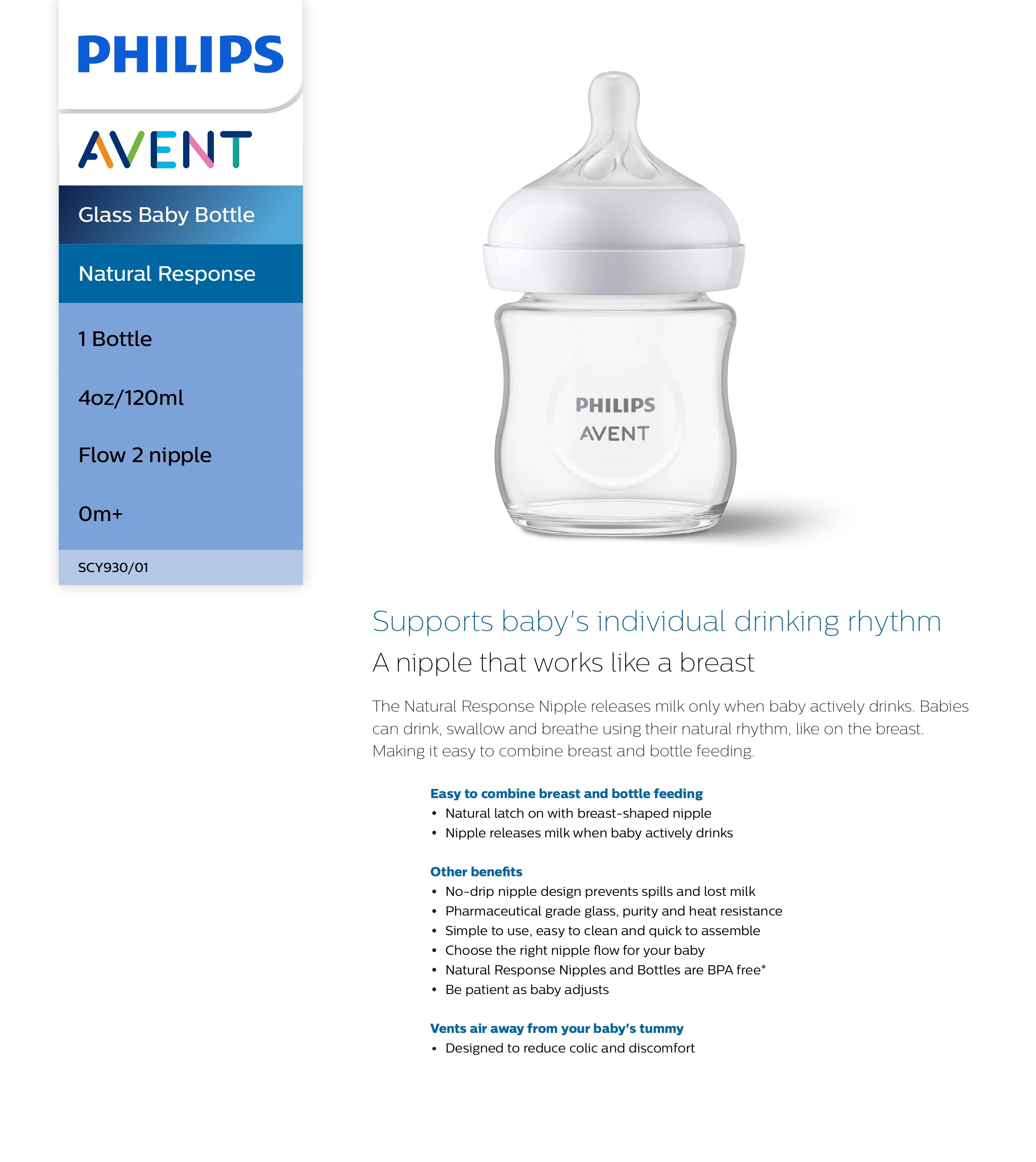 [New] Philips Avent Natural Response Glass Baby Bottle 0m+ (4oz/120ml ...