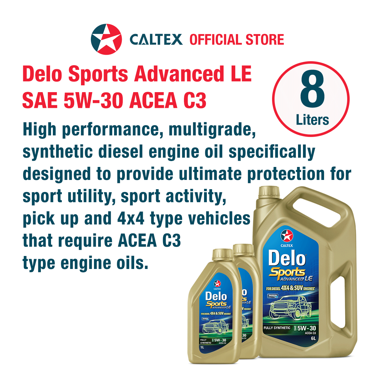 Caltex Delo Sports Advanced Fully Synthetic 5W-30 8 Liters ACEA C3 FREE ...