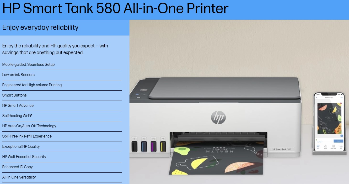 HP Smart Tank 580 All-in-One Printer (Print, Scan, Copy, Wireless ...