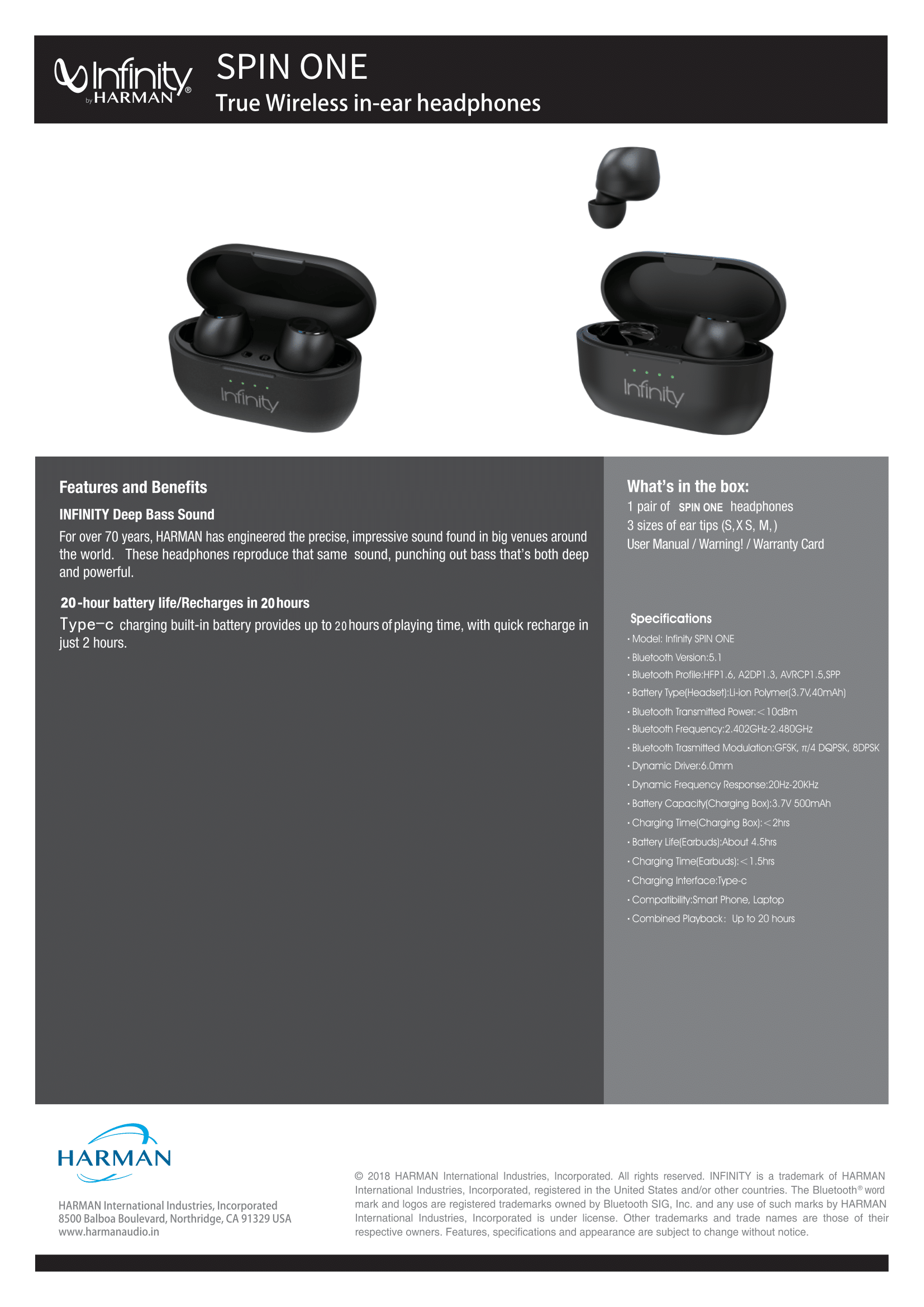 Infinity Spin One TWS Wireless Earbuds Dual EQ Mode Touch Control Long ...