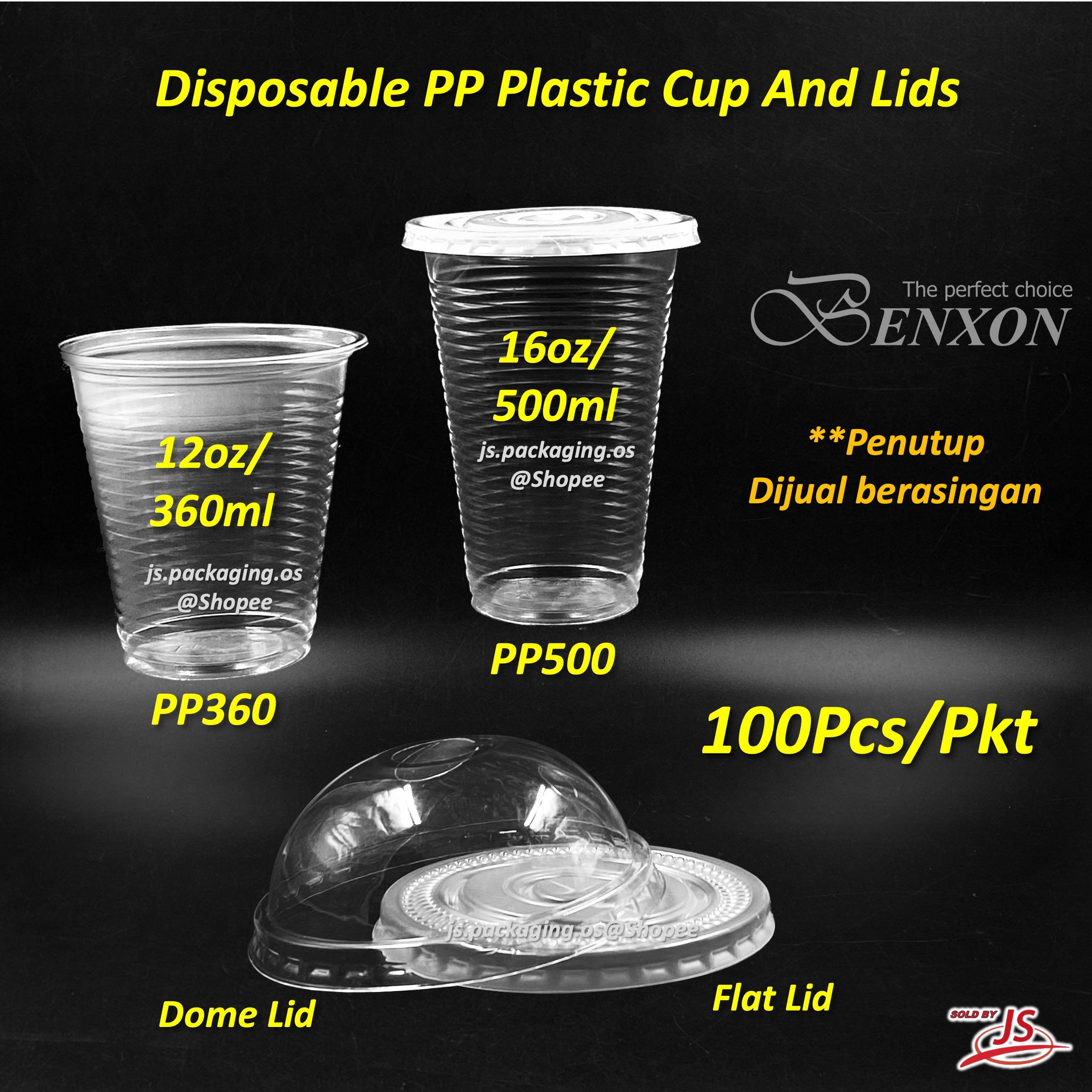 EC & Benxon 12oz/16oz PP Cup and Flat/Dome Lid [100Pcs/Pkt] Disposable ...