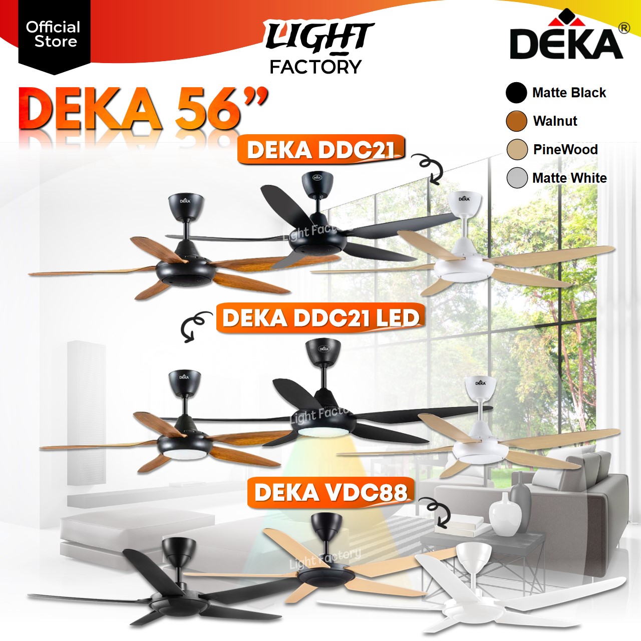 DEKA DDC21 DDC21LED VDC88 56" 5 Blades Remote Control DC Ceiling Fan 3 ...