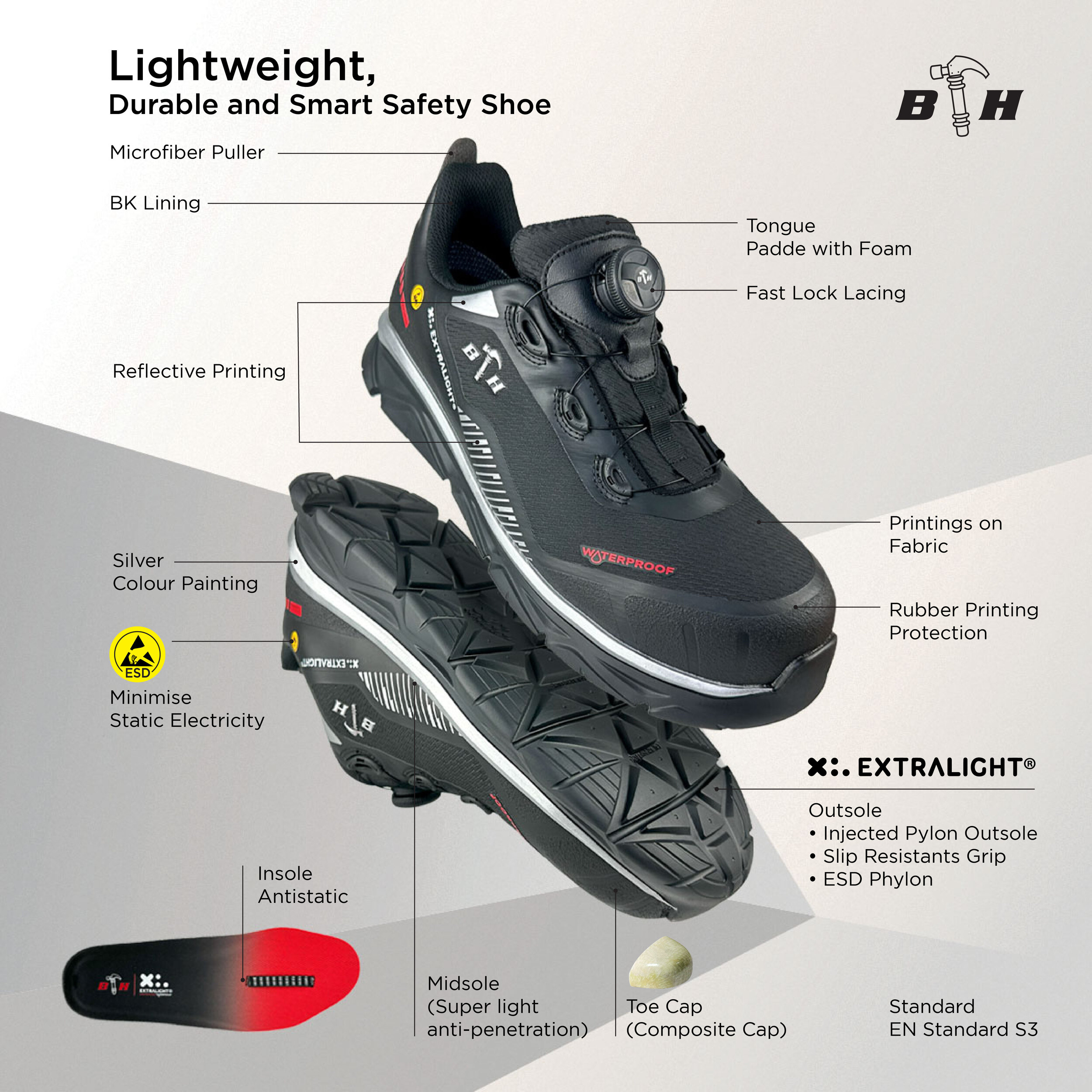 Black Hammer Pro Series Men Low Cut Waterproof ESD Extralight Safety ...