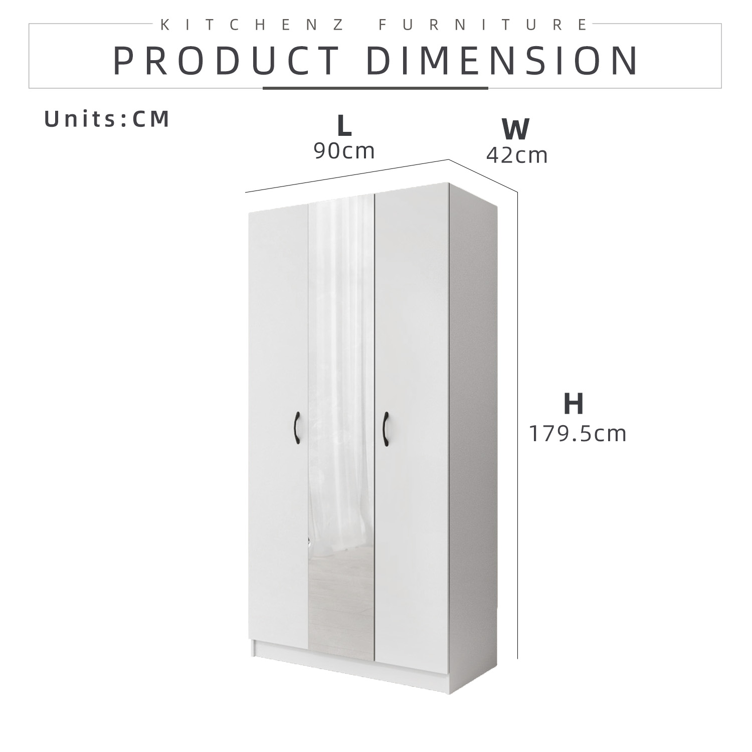 KitchenZ 3FT 3 Door Mirror Wardrobe with 6 Compartment Shelves ...