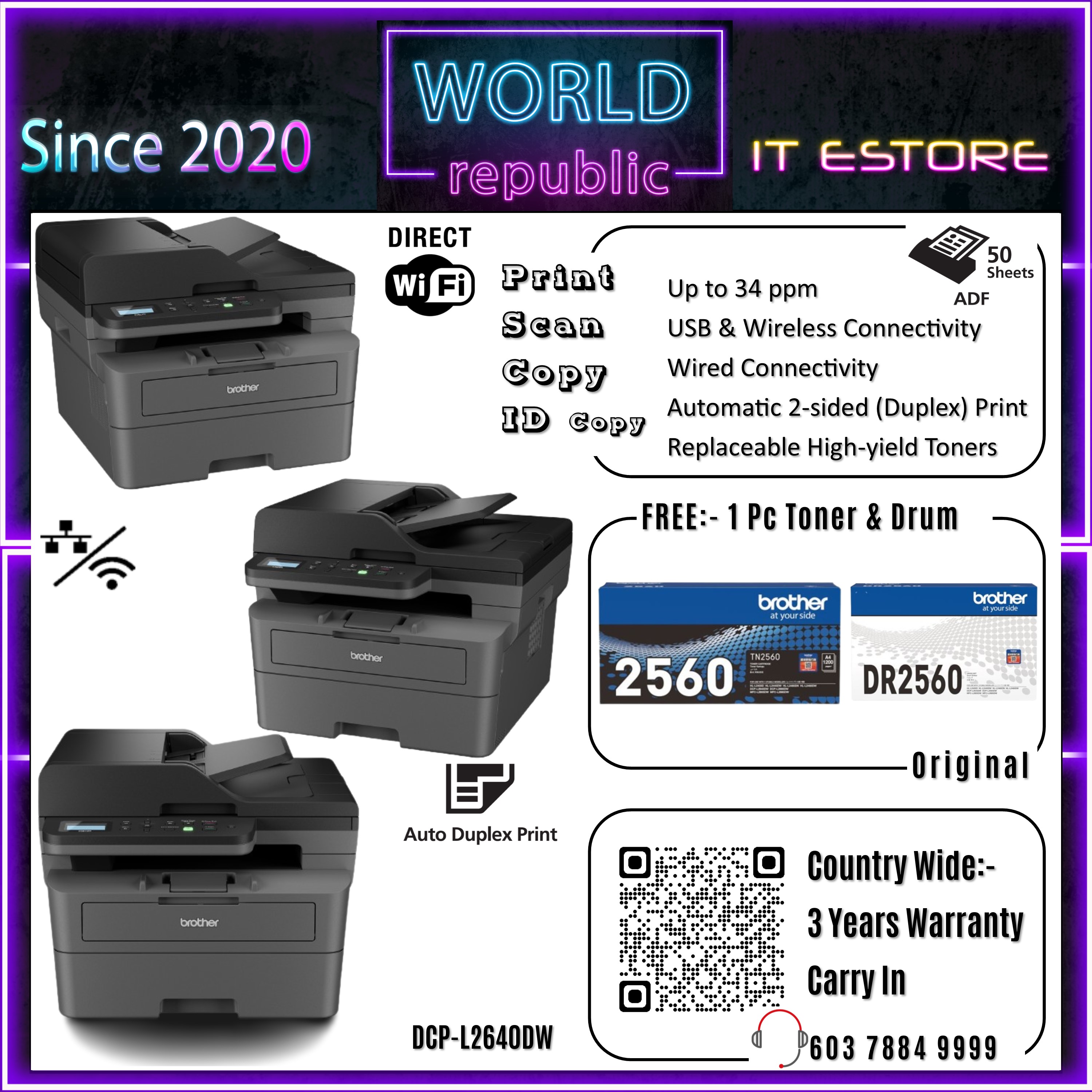 Brother Wireless Duplex Laser Printer- DCP-L2640dw New - Print Scan Copy WiFi Direct ADF 50 ...