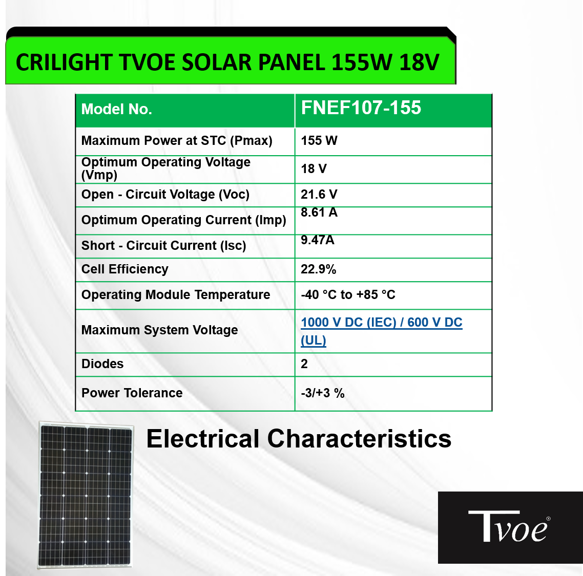 Crilight TVOE Monocystalline Solar Panel 155W 18V Solar Panel Pagar ...