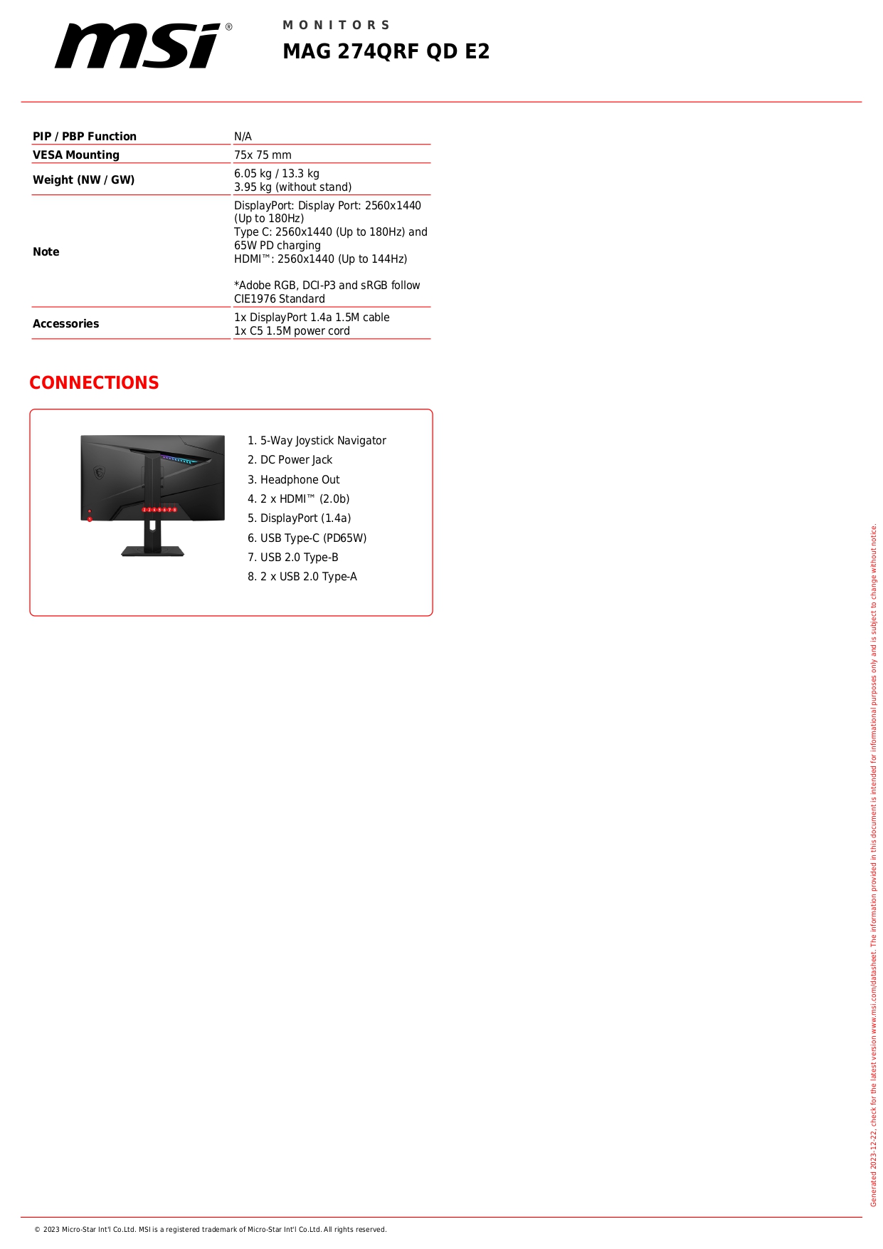MSI MAG 274QRF QD E2 / 274QRF-QD E2 GAMING MONITOR ( 27" WQHD / RAPIS ...