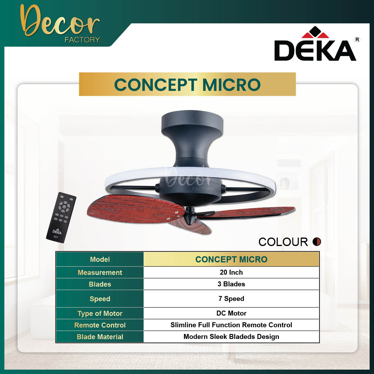 DEKA Fan DEKA CONCEPT MICRO 20" 3 Blades 14 Speed DCMotor Remote ...