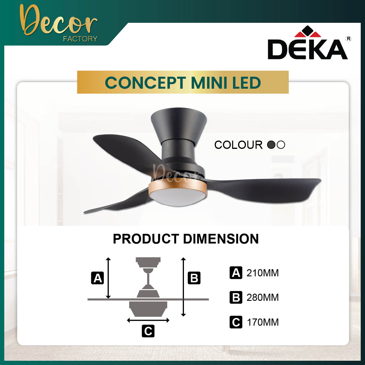 DEKA Fan DEKA CONCEPT MINI LED 34" 3 Blades 14 Speed DC Motor Remote ...