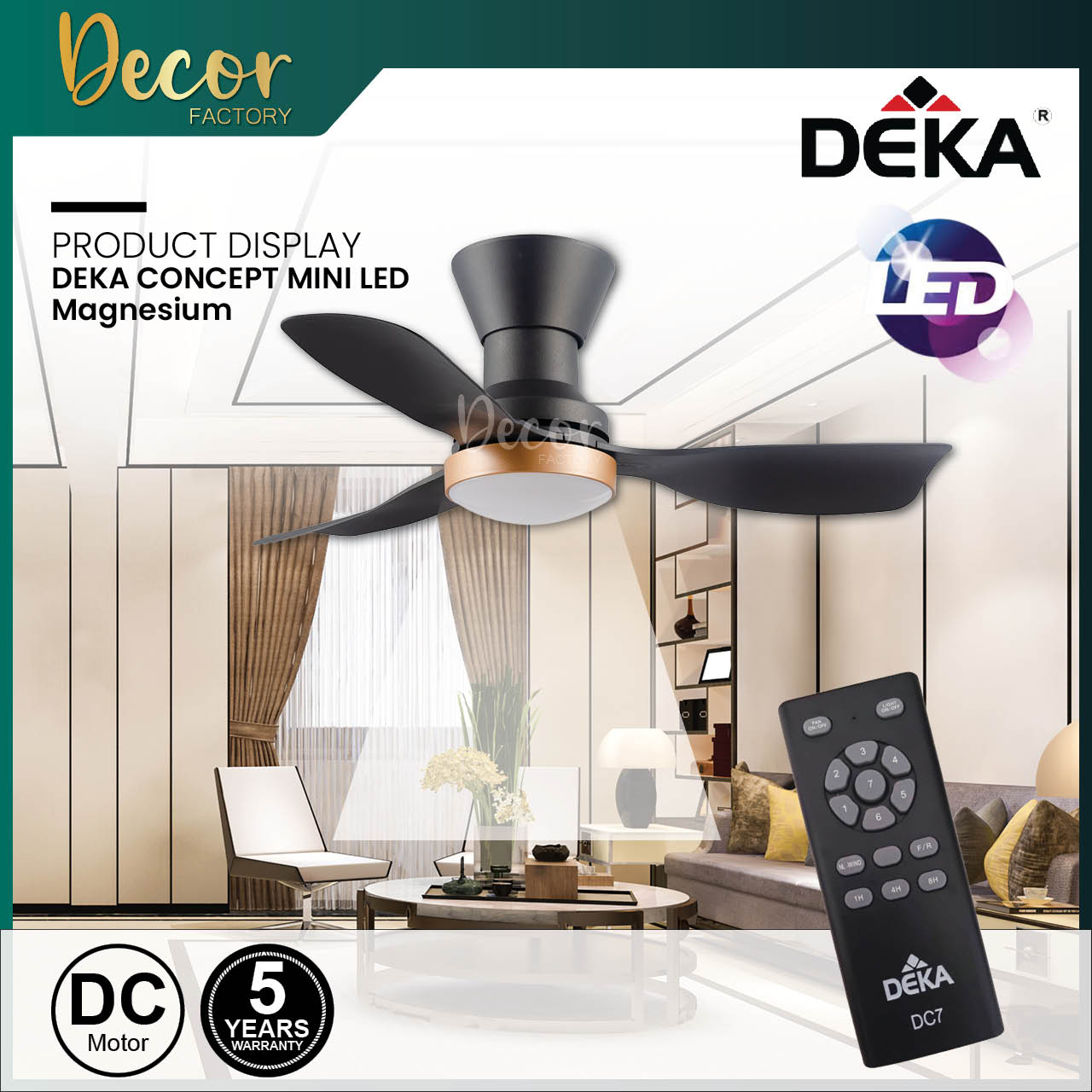 DEKA Fan DEKA CONCEPT MINI LED 34" 3 Blades 14 Speed DC Motor Remote ...