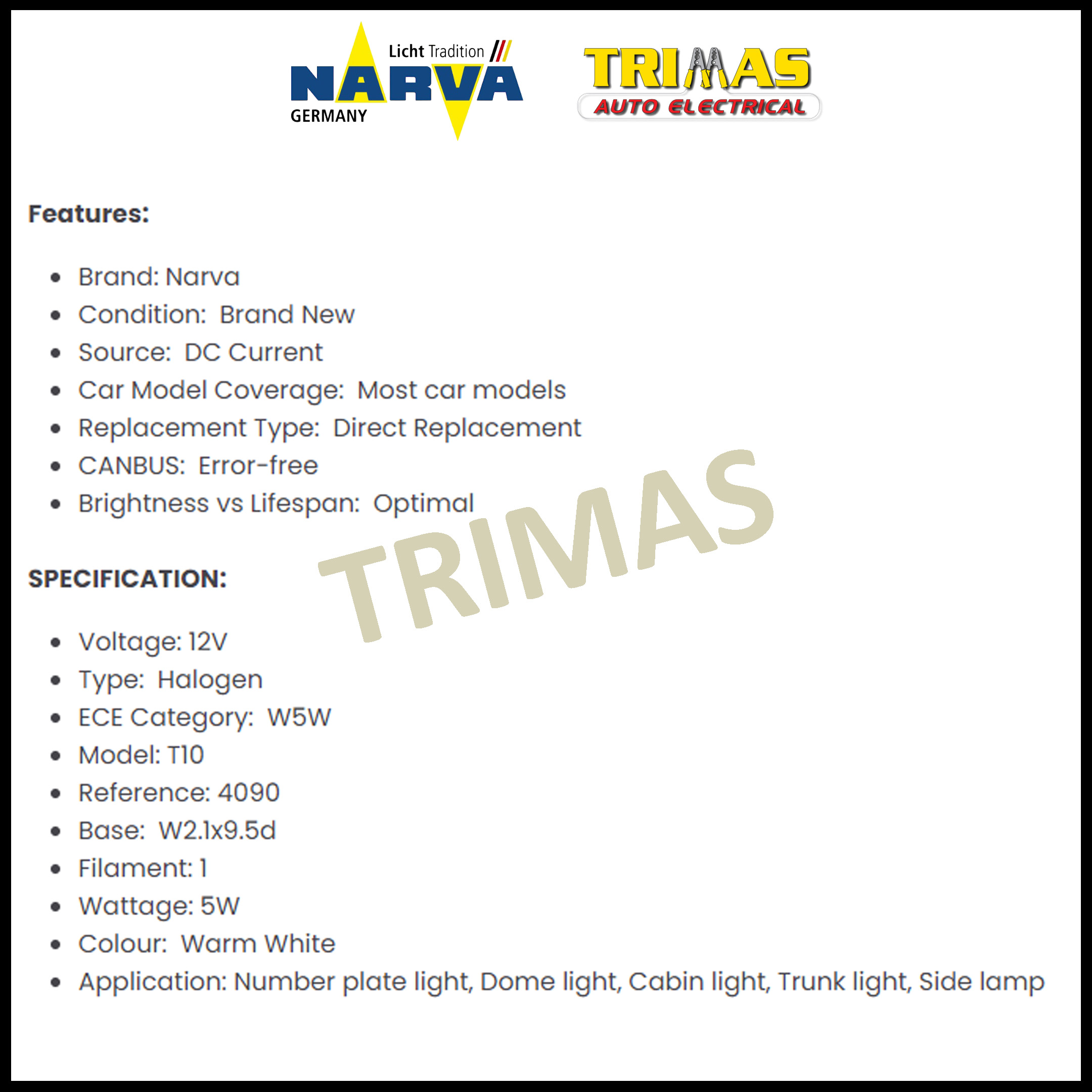 17177 Original Narva Wedge Bulb W5W 12V Proton Dashboard Meter Bulb W2 ...